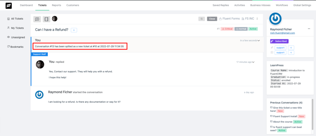 Split Reply in New Tickets - Fluent Support
