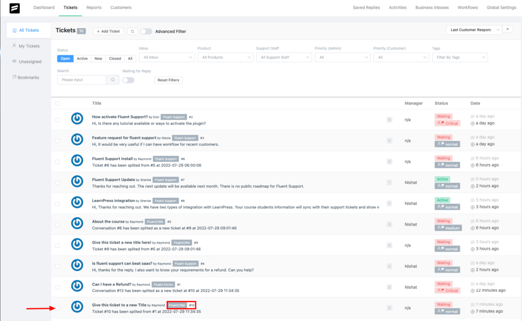 Split Reply in New Tickets - Fluent Support